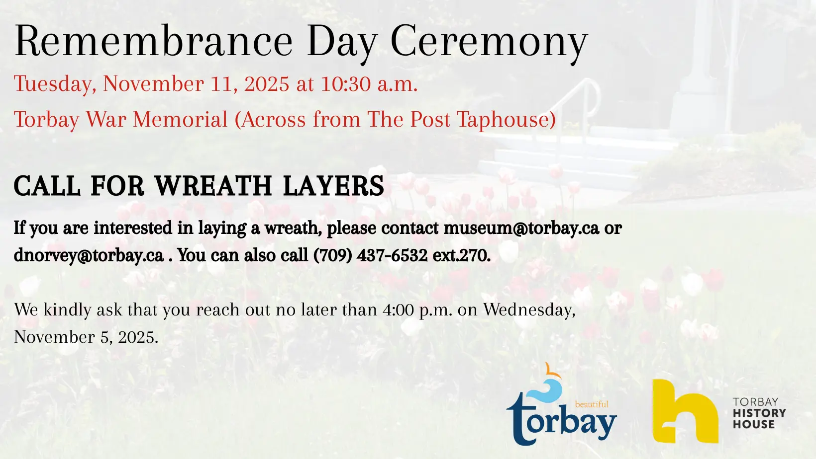 Call for Wreath Layers | Remembrance Day Ceremony | Town of Torbay